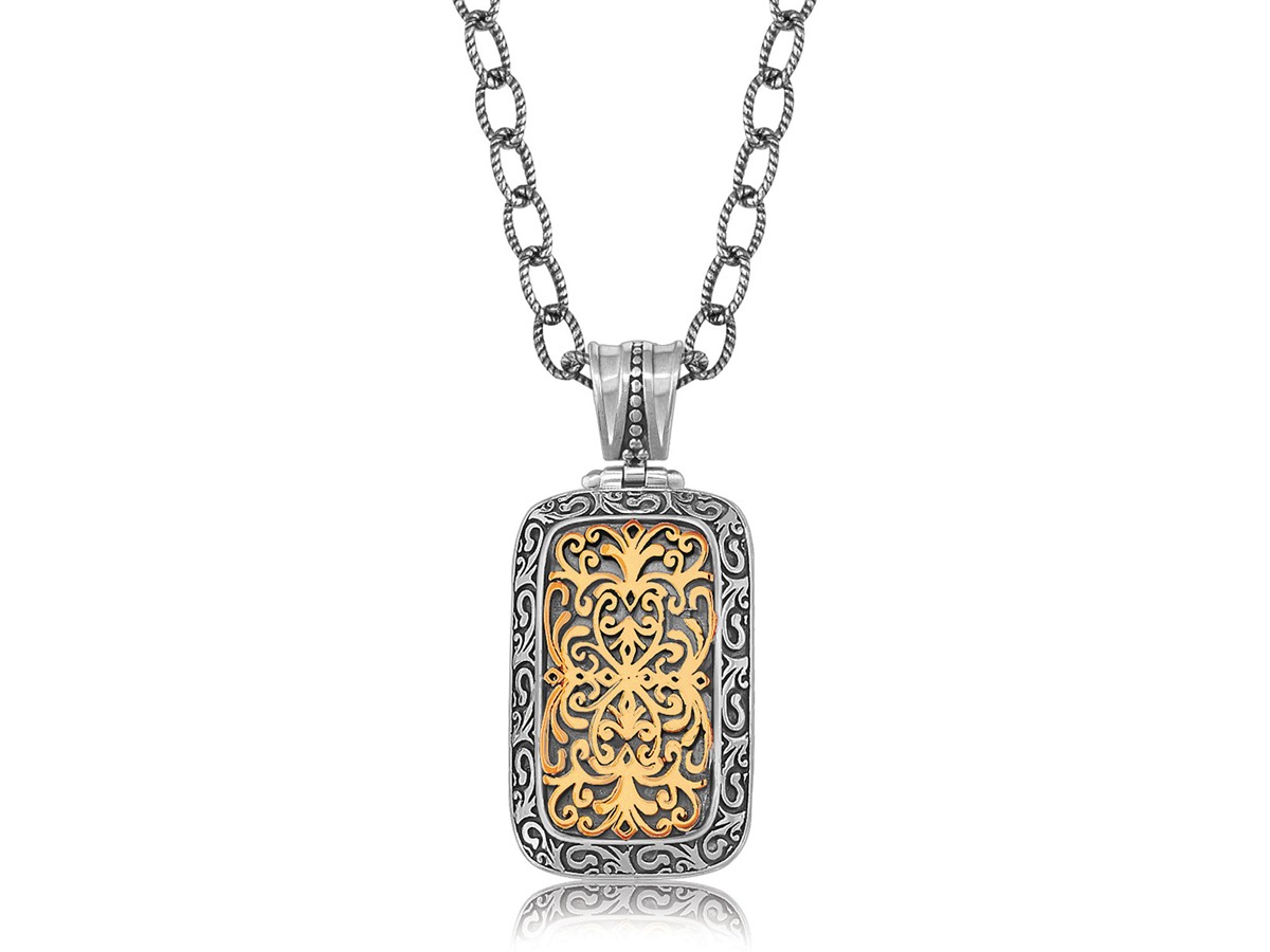 Curved Rectangle Scrollwork Motif Pendant in 18K Yellow Gold and ...