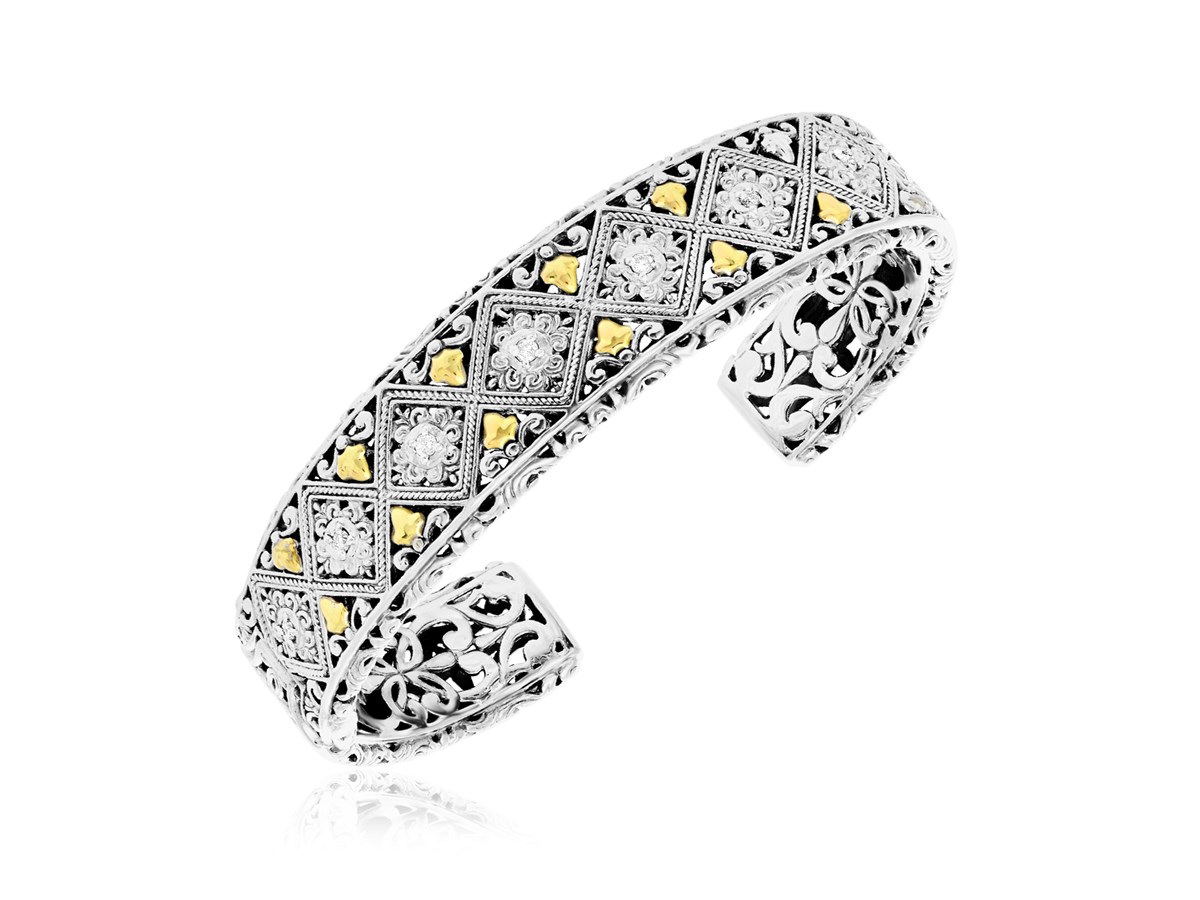Diamond Accented Byzantine Style Patterned Cuff in 18k Yellow Gold and ...