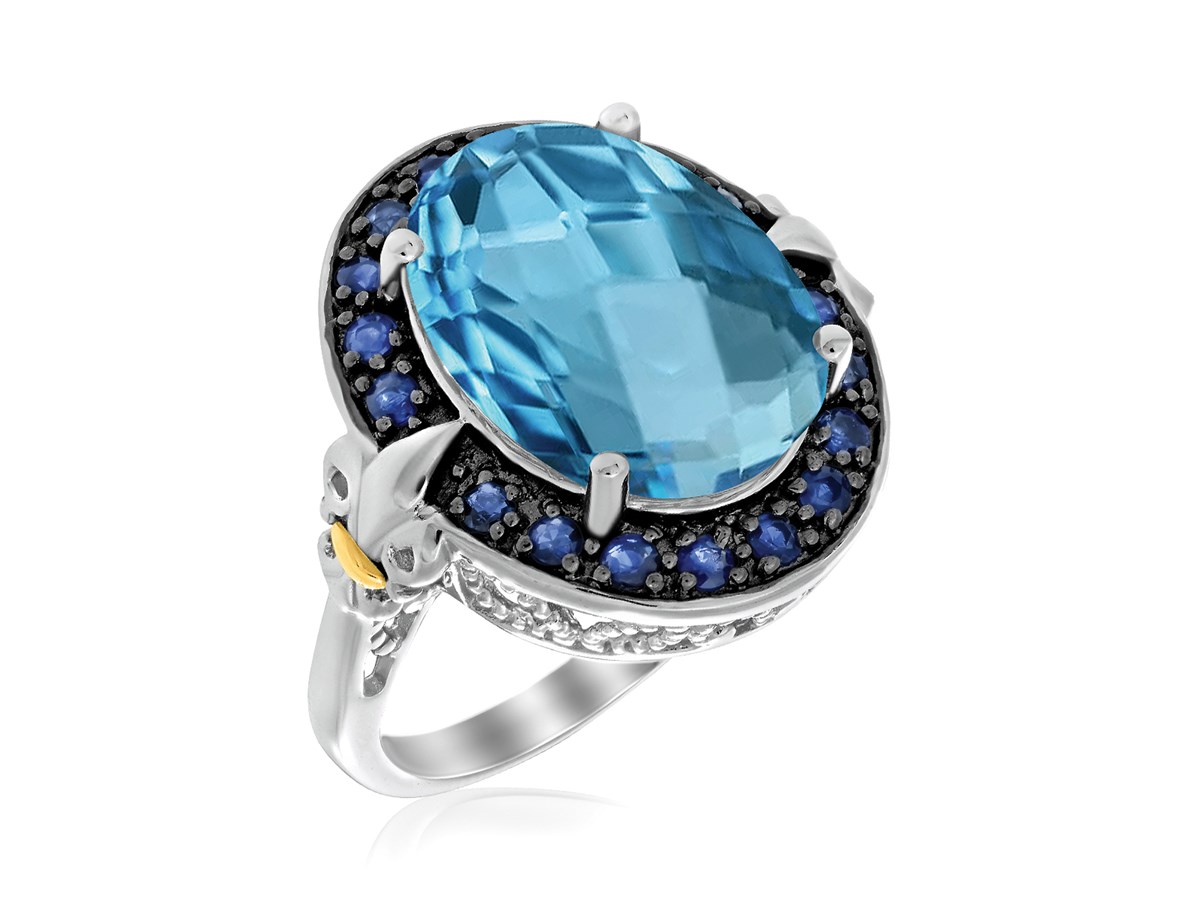 Blue Sapphire and Blue Topaz Oval Fleur De Lis Ring in 18K Yellow Gold and Sterling Silver ...