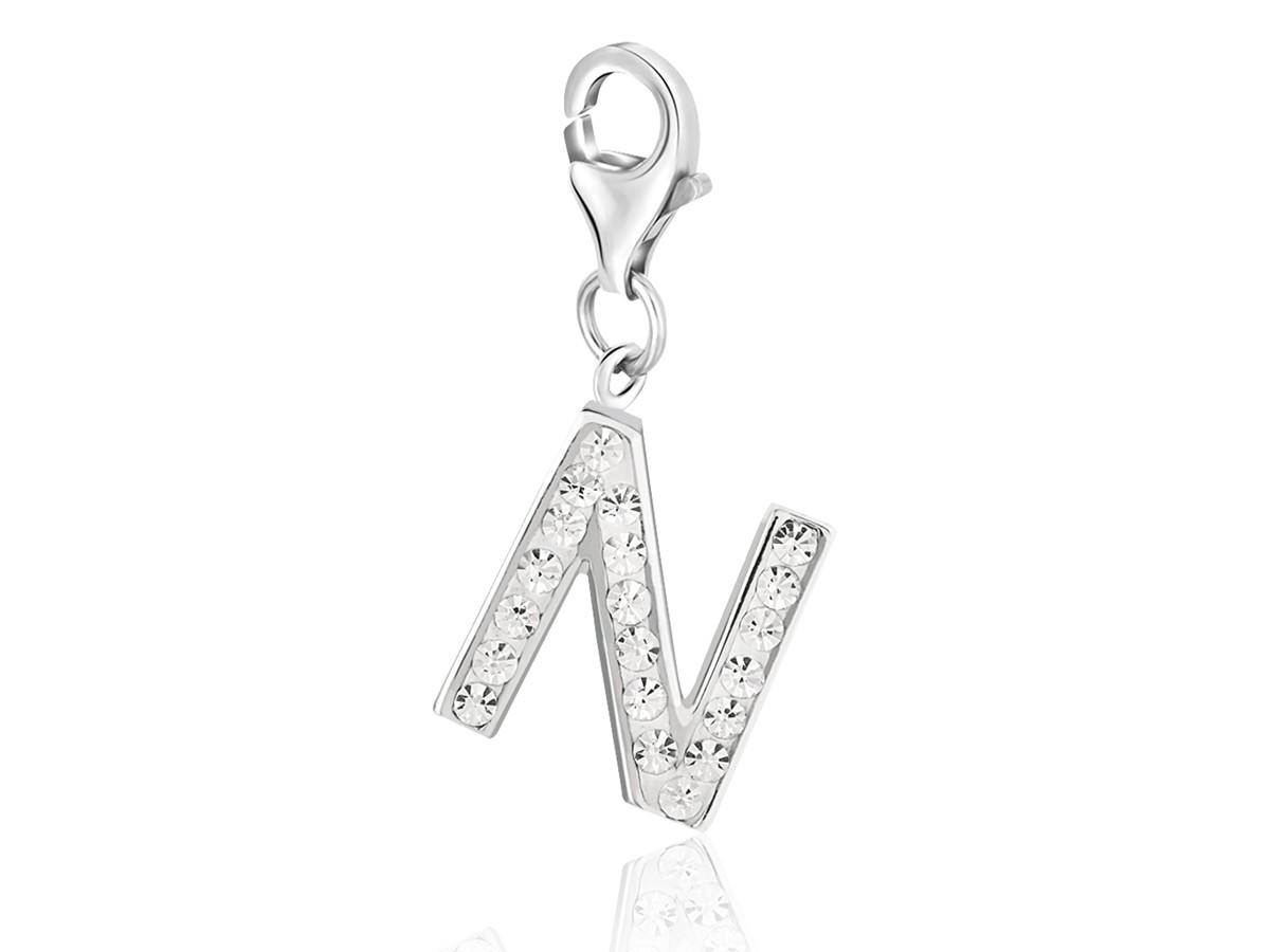 Letter N Charm with White Tone Crystal Accents in Sterling Silver ...