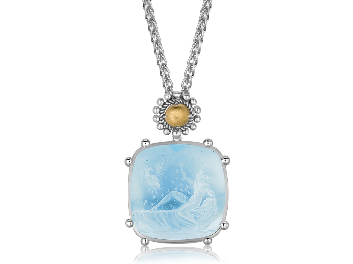 Wheat Chain Necklace with a Rounded Square Cameo Pendant in 18K Yellow ...