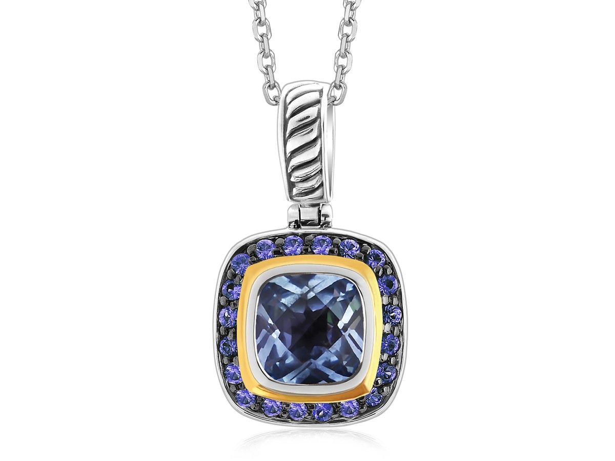 Square Blue Topaz and Sapphire Pendant in 18K Yellow Gold and Sterling ...