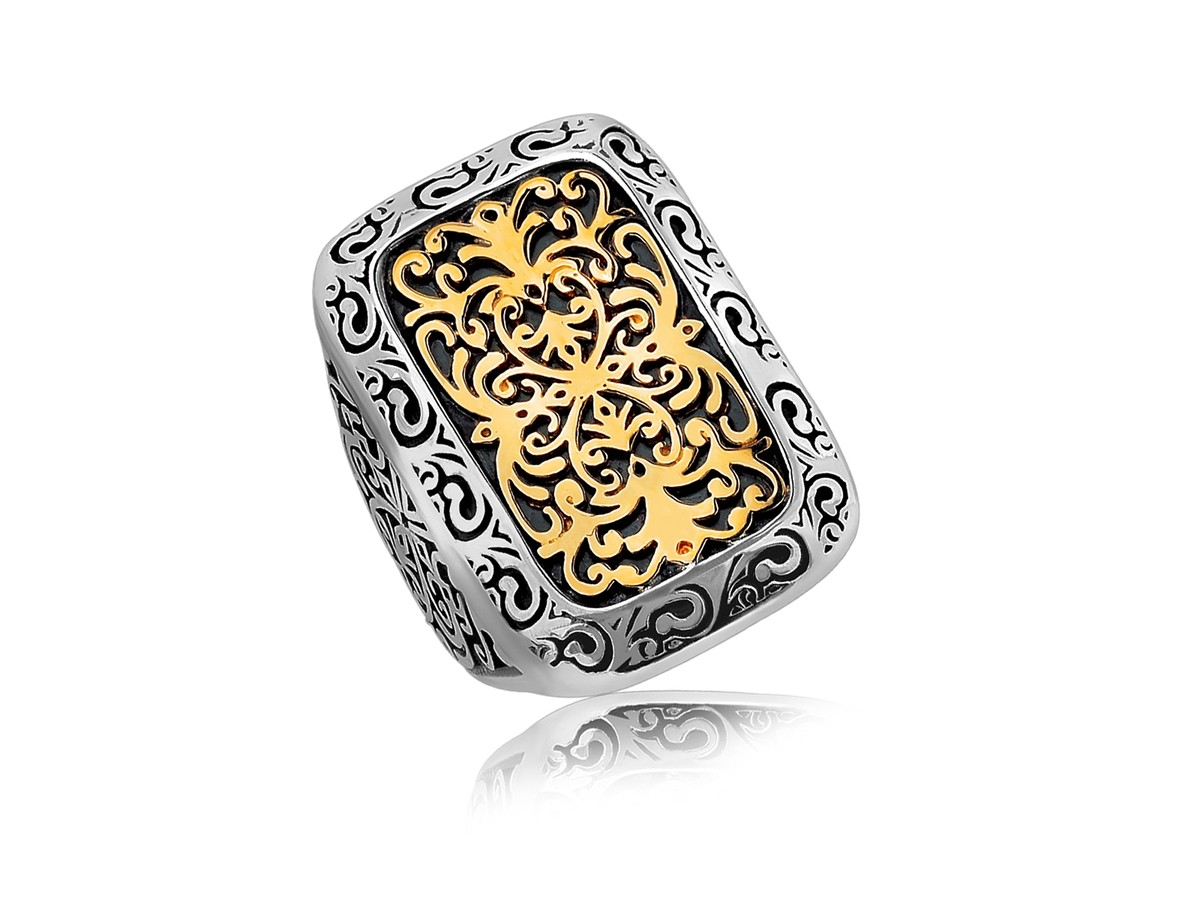 Rounded Rectangle Scrollwork Motif Ring in 18K Yellow Gold and Sterling ...