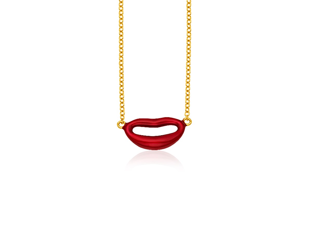 14k Yellow Gold with Enamel Red Lips Necklace - Richard Cannon Jewelry