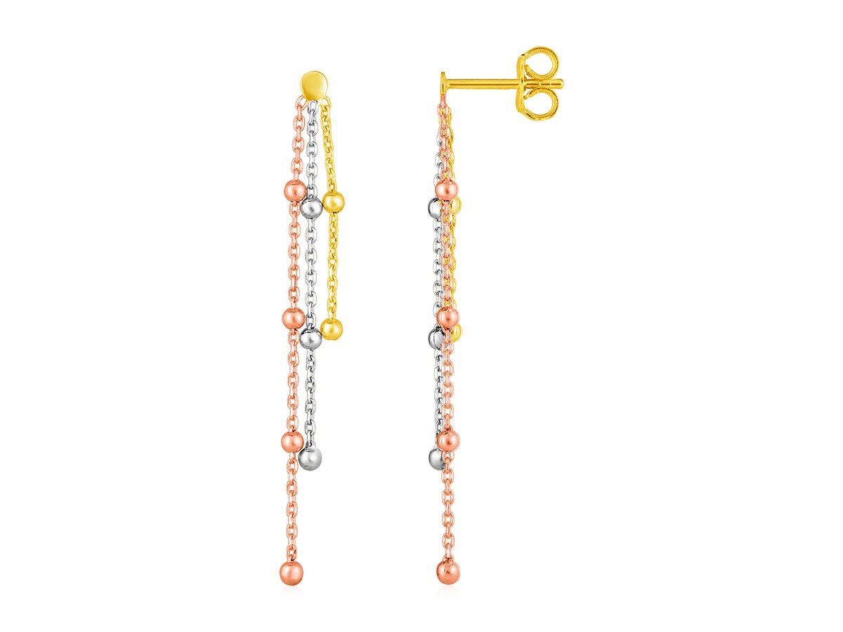 14k Tri Color Gold Post Earrings with Bead Dangles - Richard Cannon Jewelry