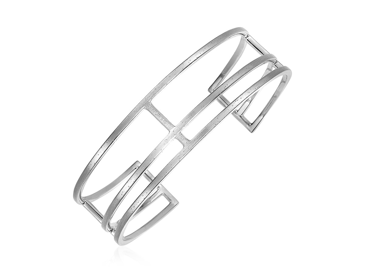 Textured Open Rectangle Motif Cuff Bangle in Sterling Silver - Richard Cannon Jewelry