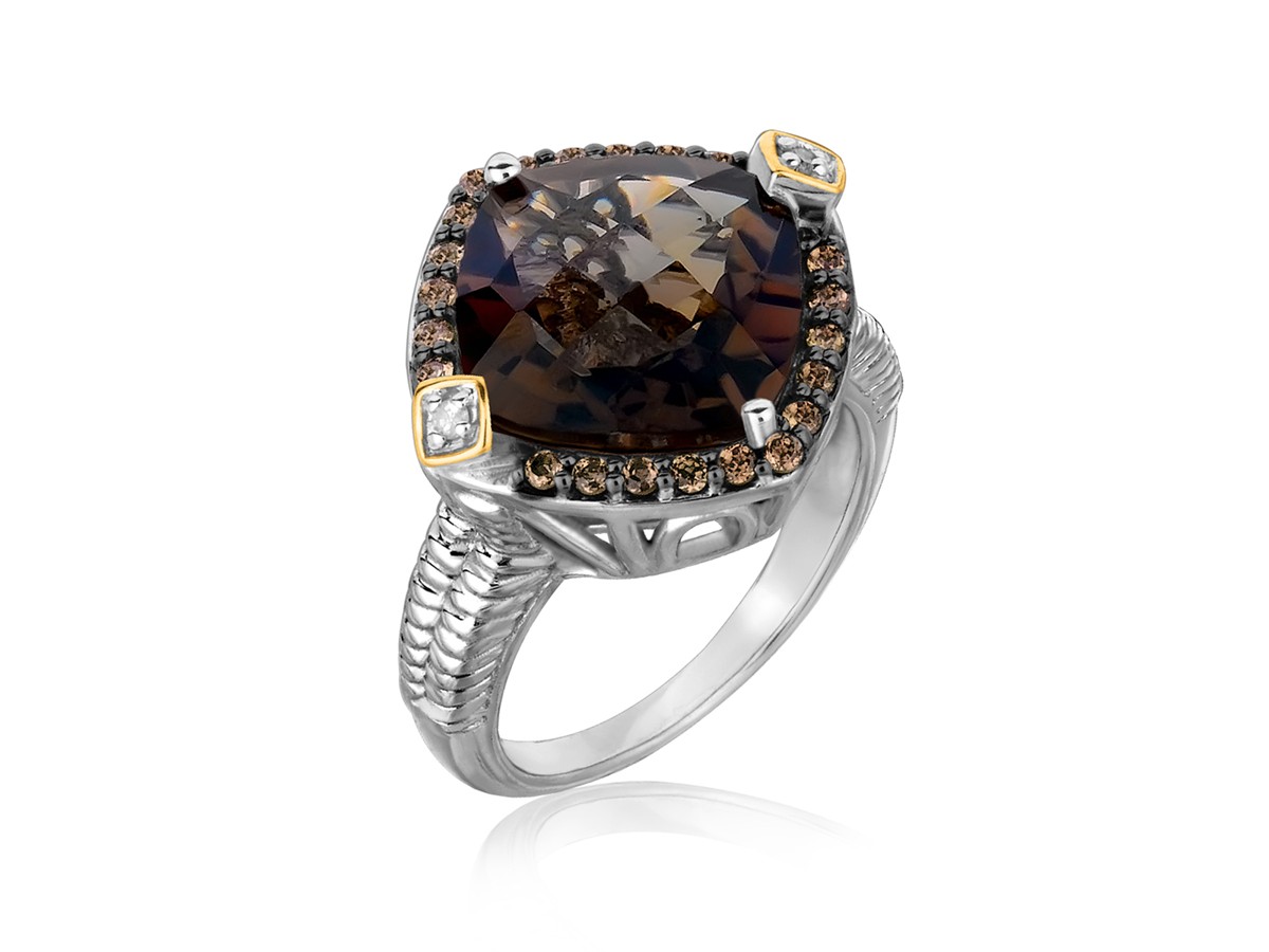 Smokey Quartz and Coffee Diamond Embellished Cushion Ring in 18k Yellow ...