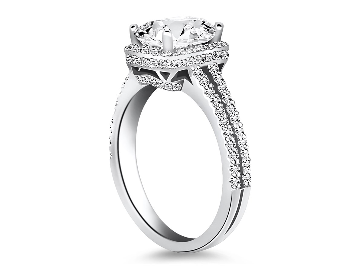 Emerald Cut Diamond Halo Split Shank Engagement Ring Mounting In 14k