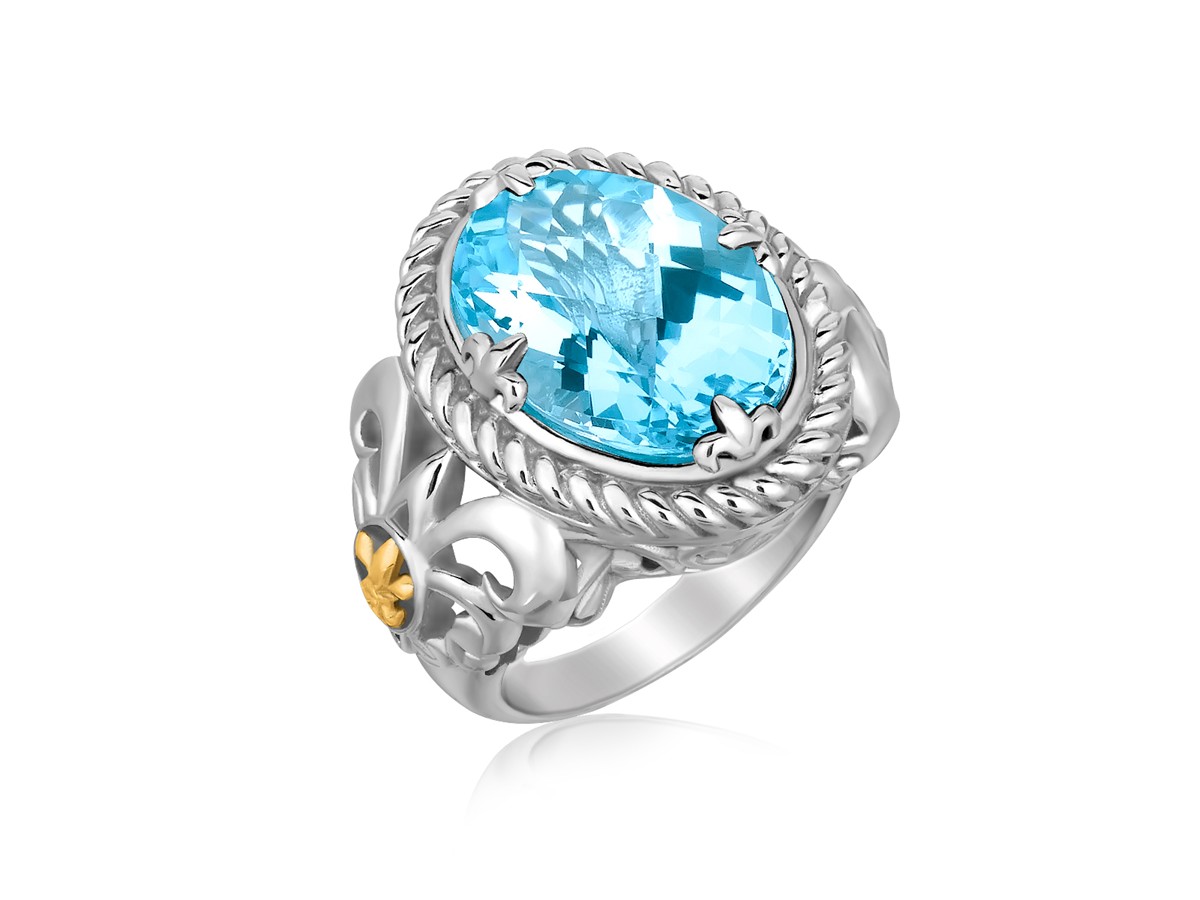 Oval Blue Topaz Fleur De Lis Accented Ring in 18K Yellow Gold and Sterling Silver - Richard ...