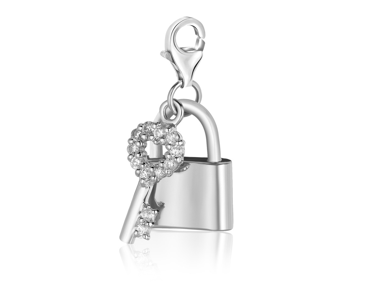 Lock and Key White Tone Crystal Embellished Charm in Sterling Silver ...