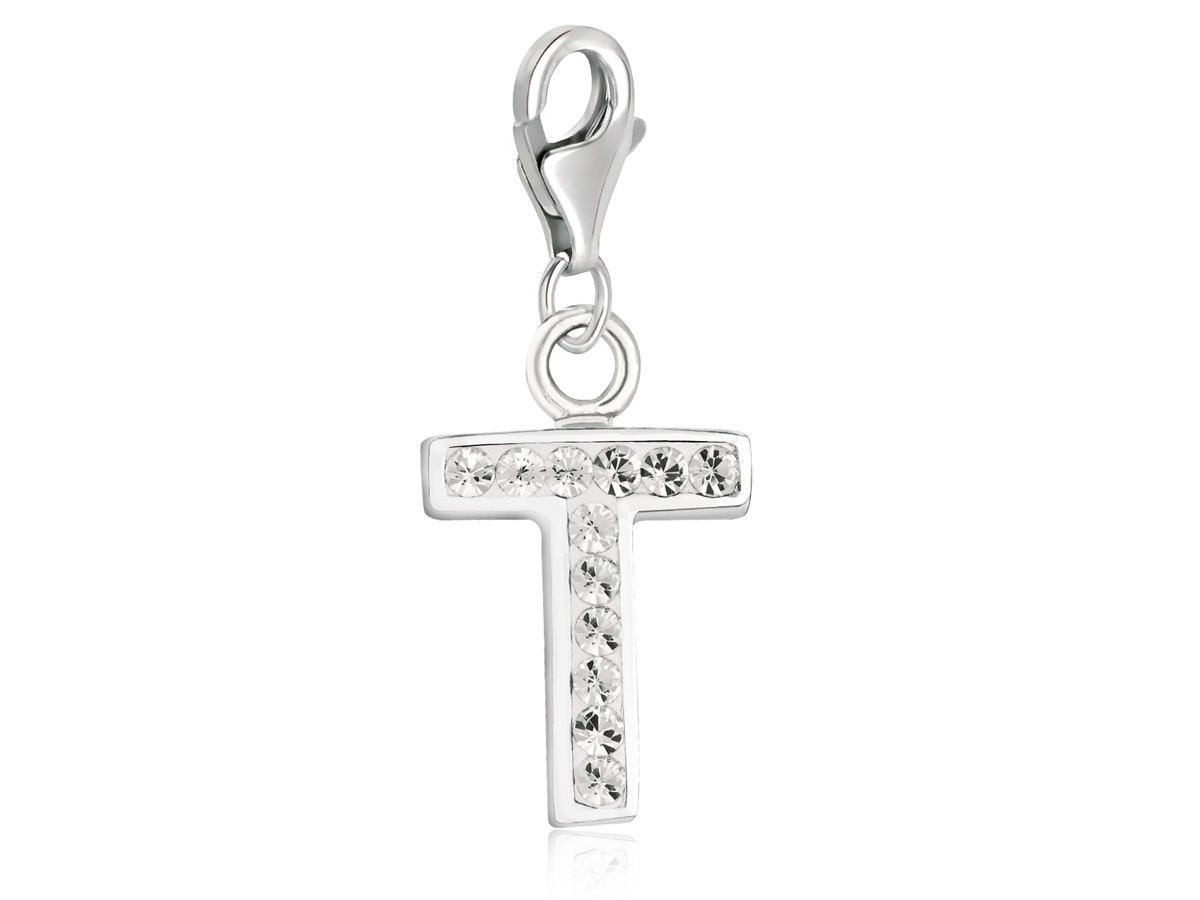 Letter T White Tone Crystal Studded Charm in Sterling Silver - Richard ...