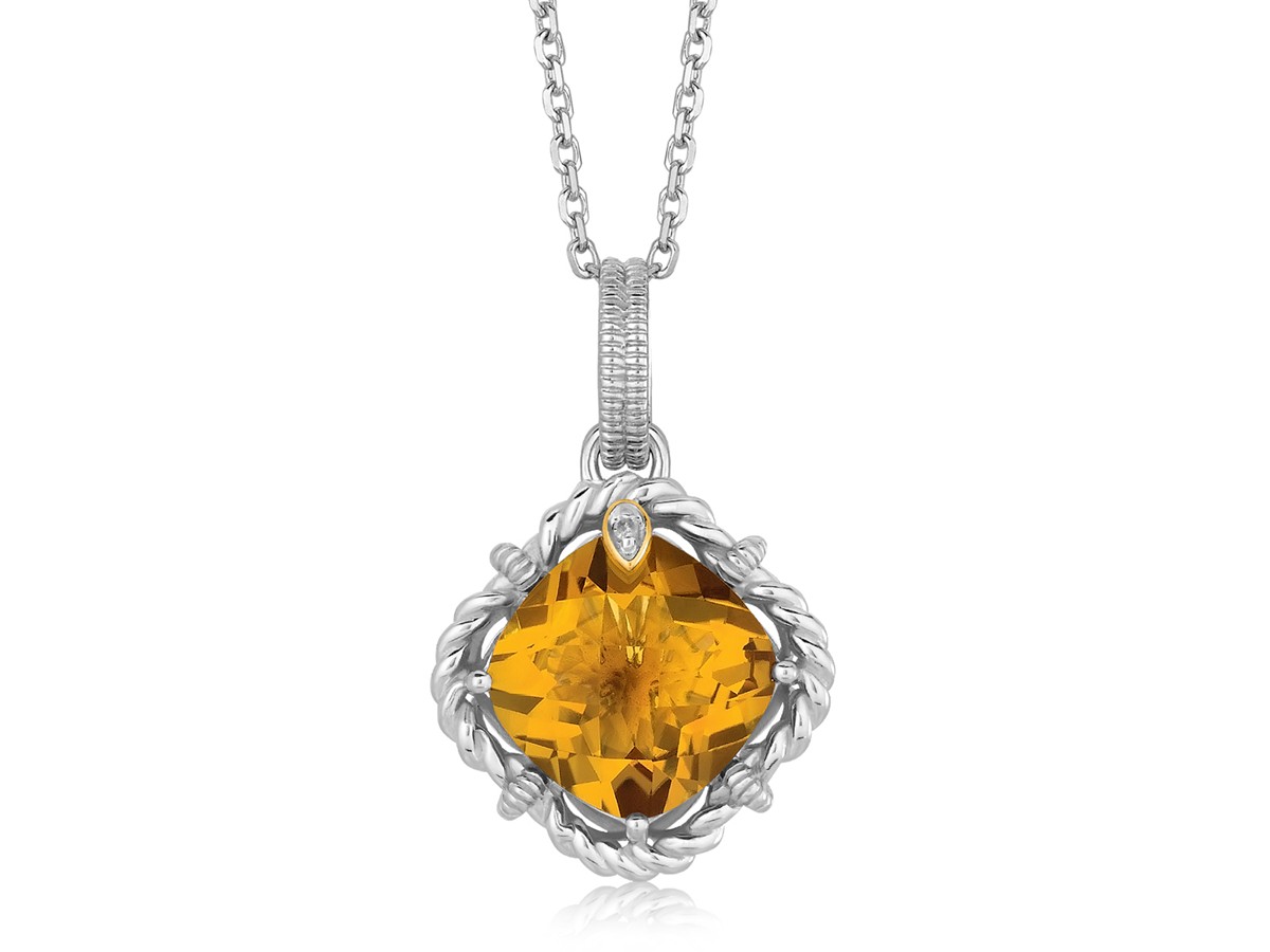 Cushion Whisky Quartz and Diamond Rope Motif Pendant in 18k Yellow Gold ...